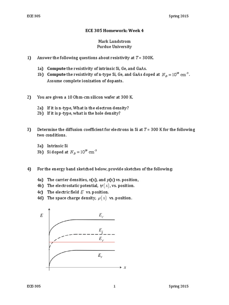 ECE 305 Homework: Week 4 | PDF | Doping (Semiconductor) | Electrical Resistivity And Conductivity