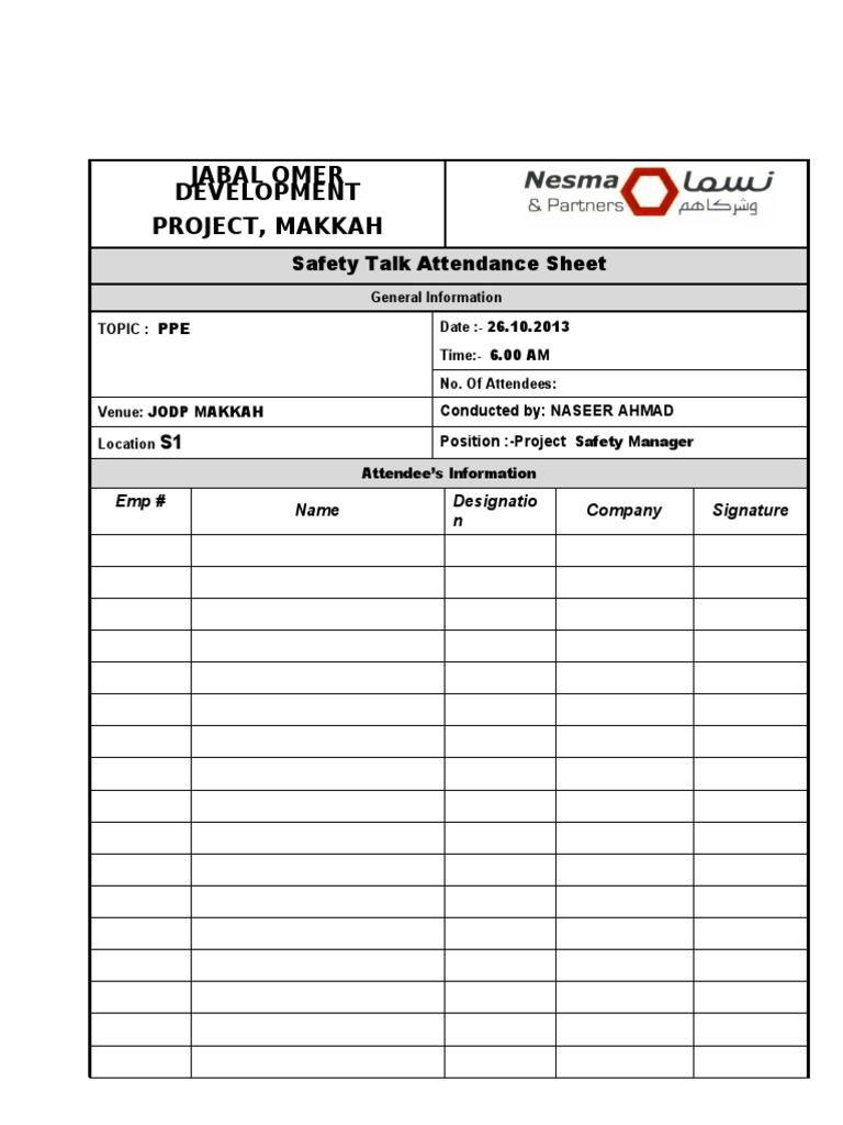 Jabal Omer Development Project, Makkah: Safety Talk Attendance Sheet ...