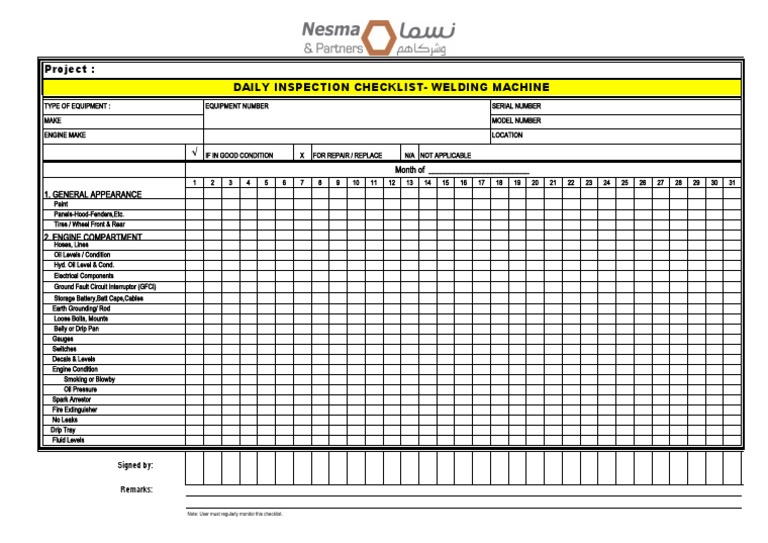 Daily Inspection Checklist - Welding Machine | PDF