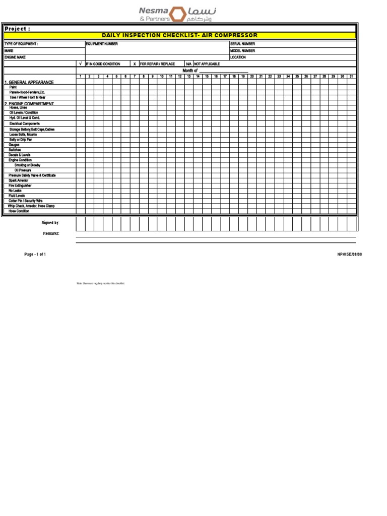 Daily Inspection Checklist - Air Compressor | PDF