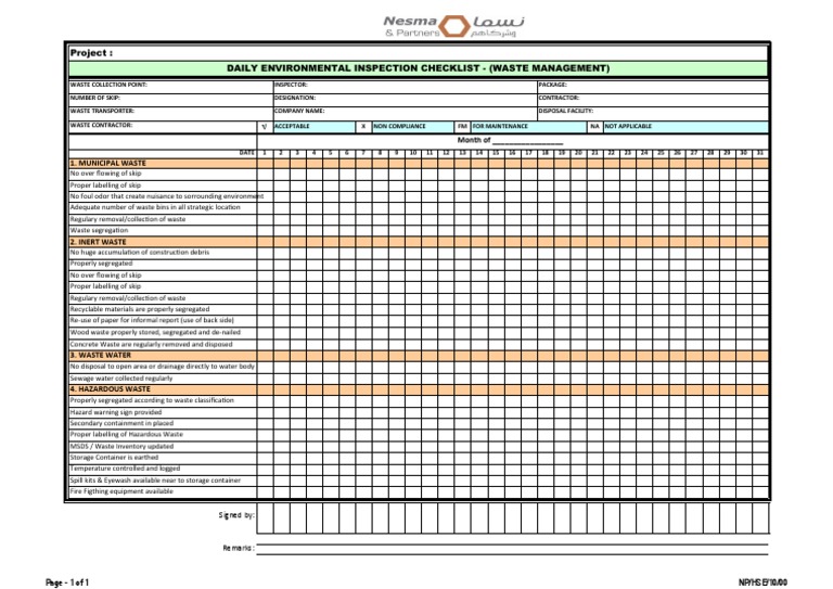 Daily Environmental Inspection Checklist | Download Free PDF | Waste ...