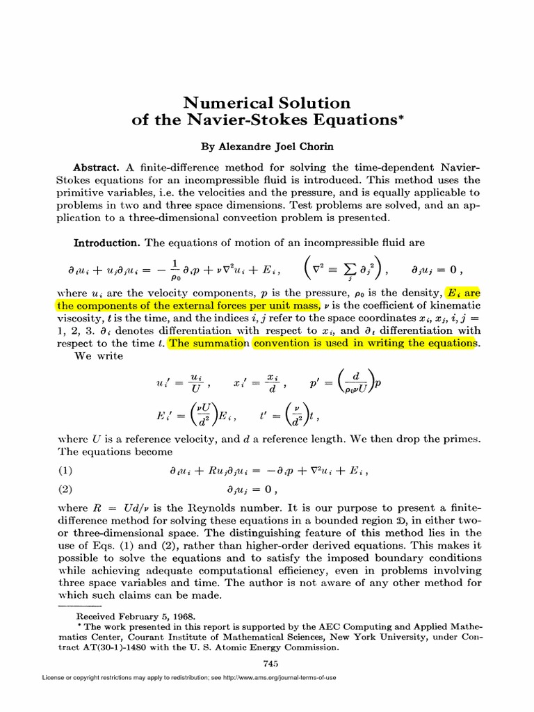 Ar 1968 Numerical Solution Of The Navier Stokes Equations Chorin Pdf Pdf Navier Stokes