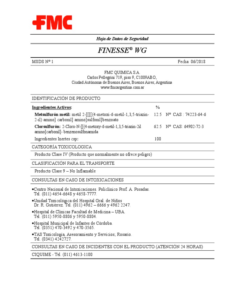 Finesse WG MSDS FMC PDF | PDF | Contaminación | Agua