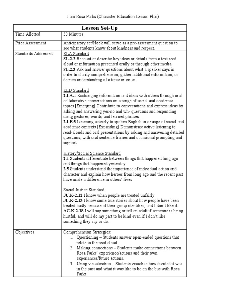 Rosa Parks Lesson Plan | Download Free PDF | Rosa Parks | Reading ...
