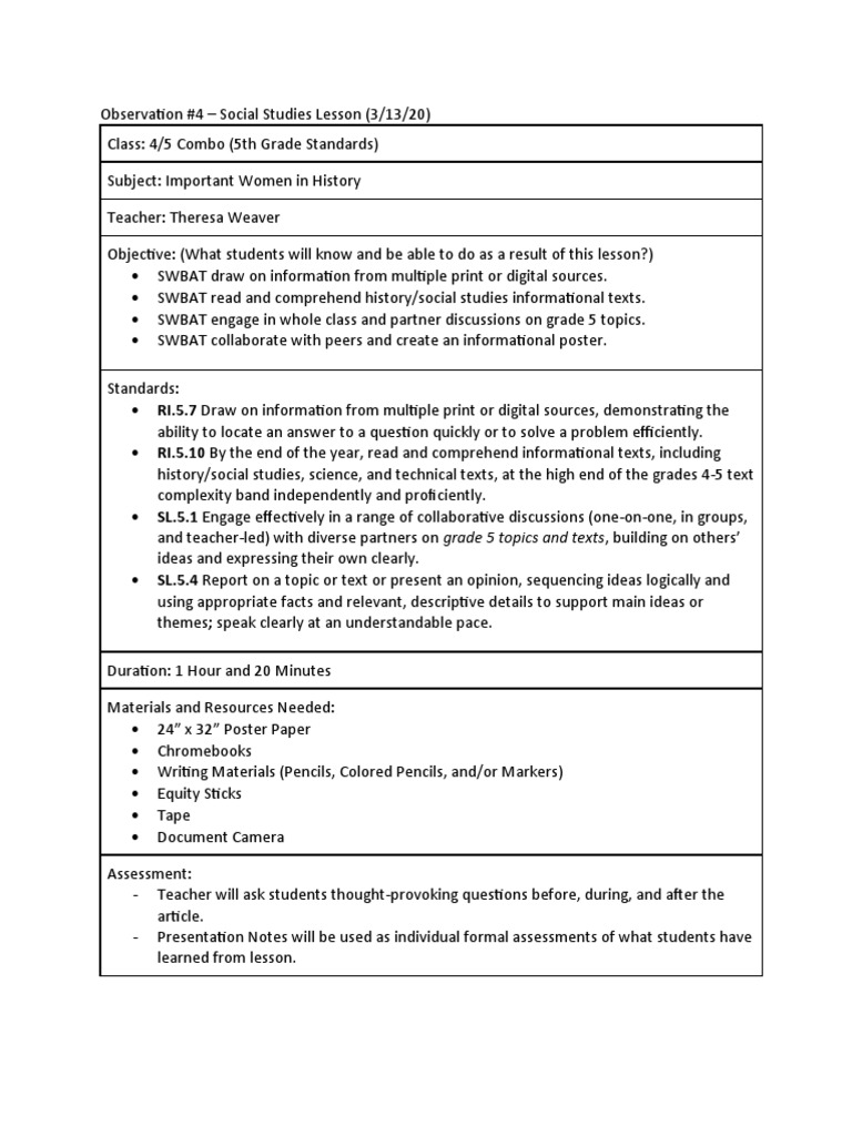 Grade 4 Social Studies Lesson Plan | PDF | Teachers | Classroom