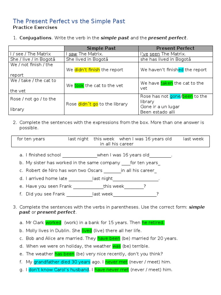 Present Perfect Vs The Simple Past - Review Exercises | PDF
