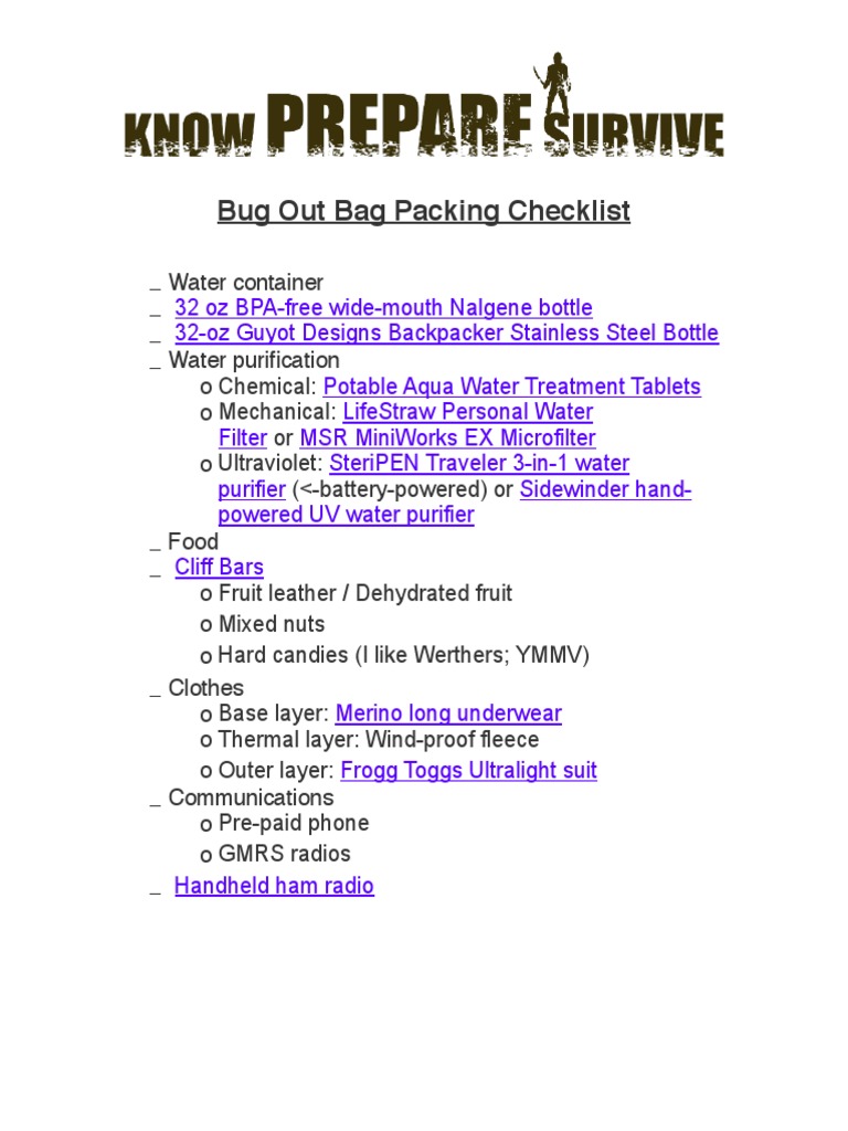 Bug Out Bag Packing Checklist | PDF