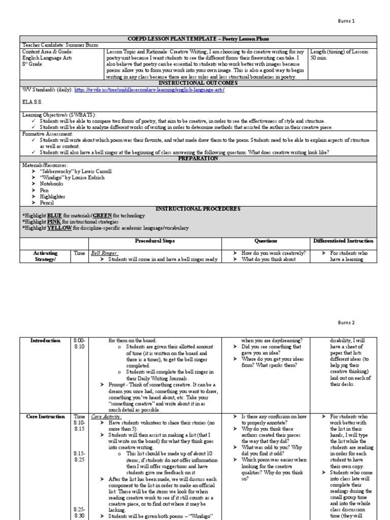 Coepd Lesson Plan Template - Poetry Lesson Plans | PDF | Lesson Plan ...