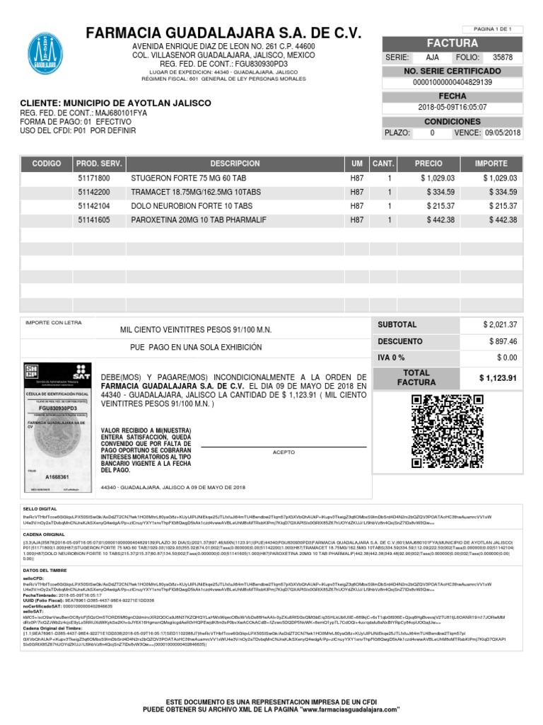 Factura de compra de medicamentos por parte del Municipio de Ayotlan ...
