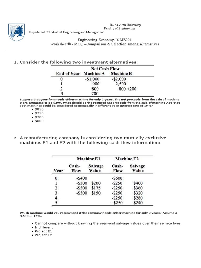 Worksheet#4-MCQ-2018 Engineering Economy | PDF | Horsepower | Investing