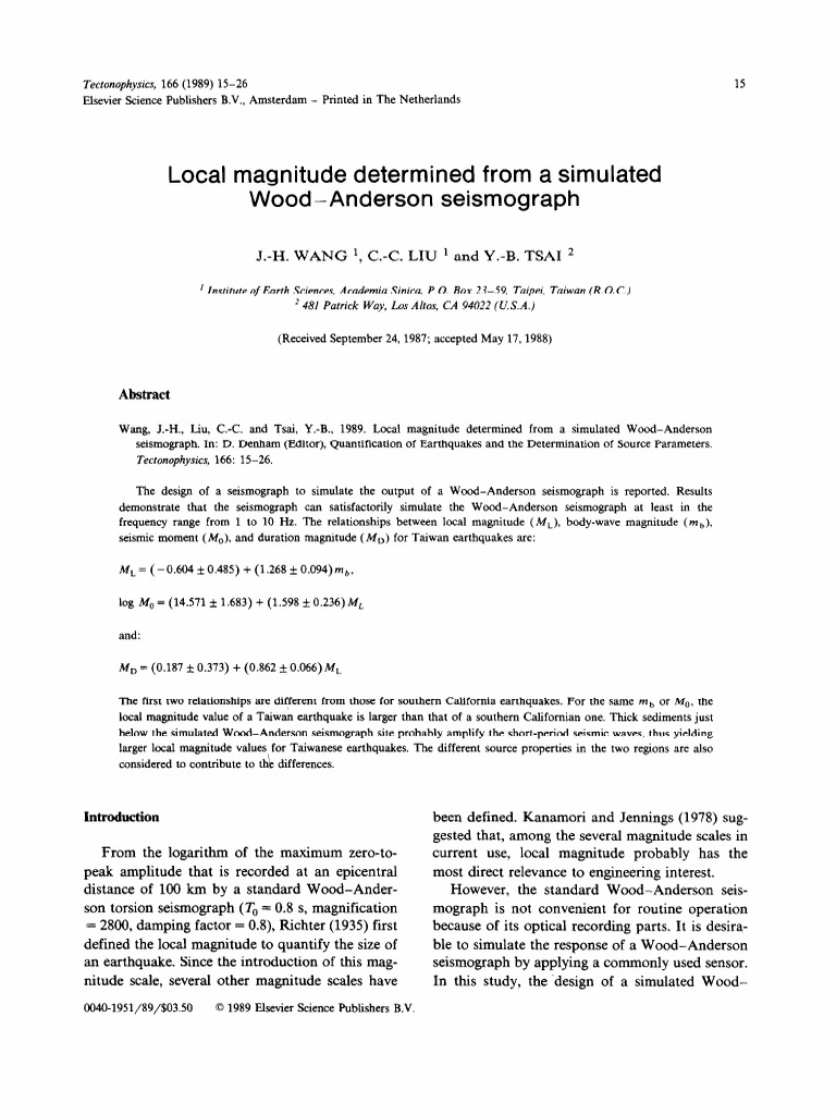 Local Magnitude Determined From A Simulated Wood-Anderson Seismograph ...
