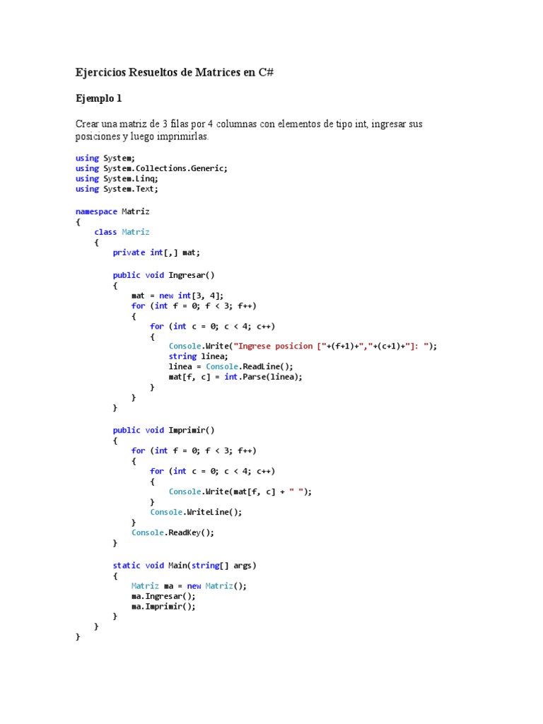 Ejercicios Resueltos de Matrices en C | PDF | C Sharp (lenguaje de programación) | Estructura de ...