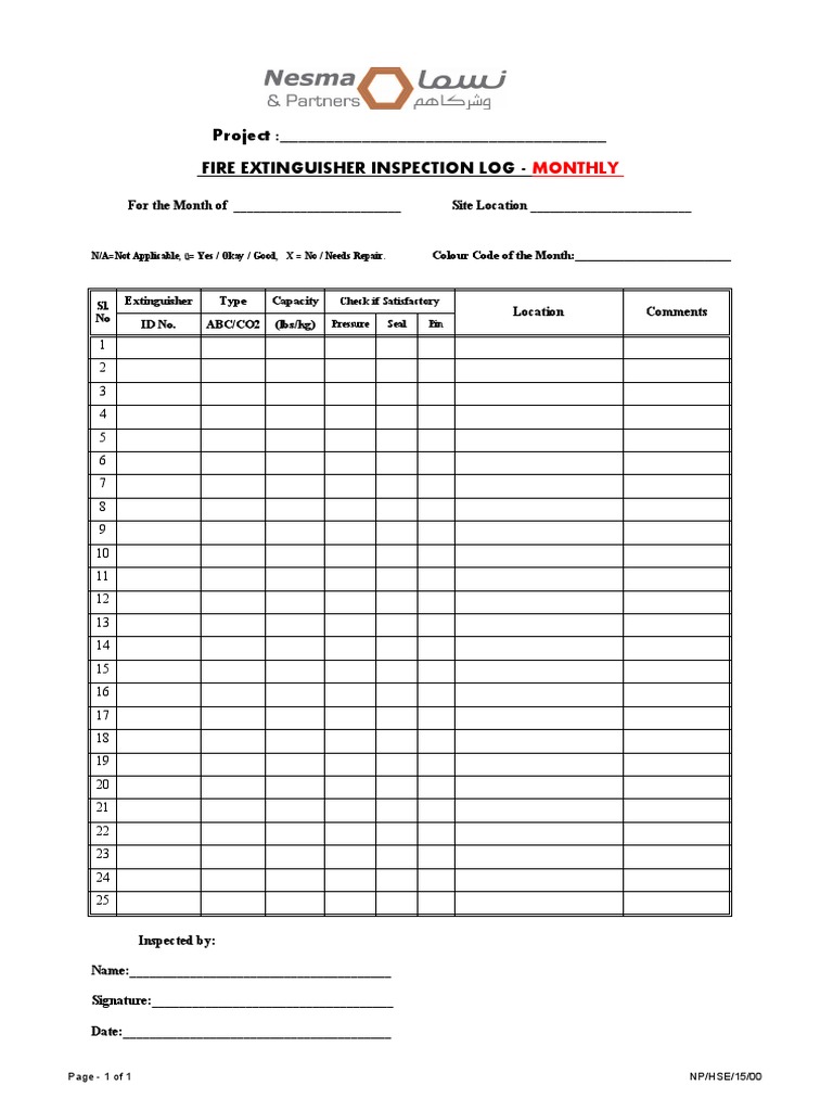 Monthly Fire Extinguisher Inspection Log | PDF | Technology & Engineering