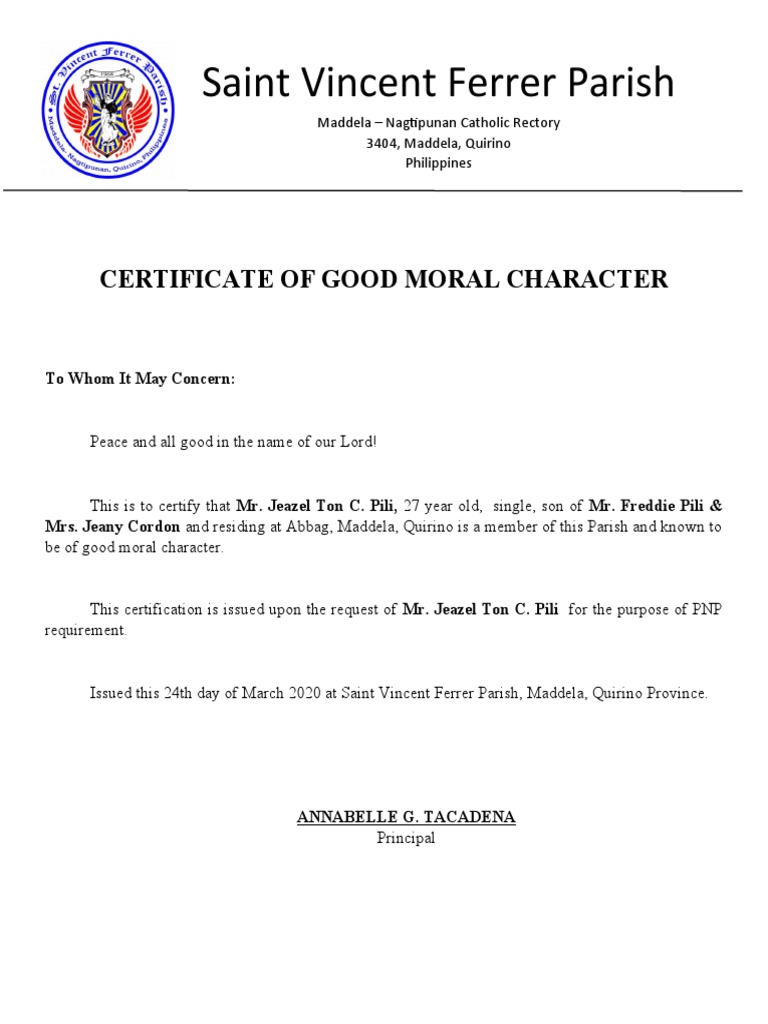 Good Moral Character Certificate Sample | PDF | Cooking, Food & Wine ...
