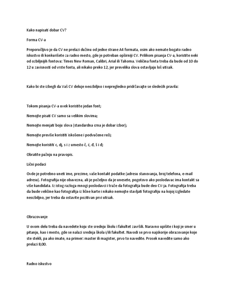 Kako Napisati Dobar CV