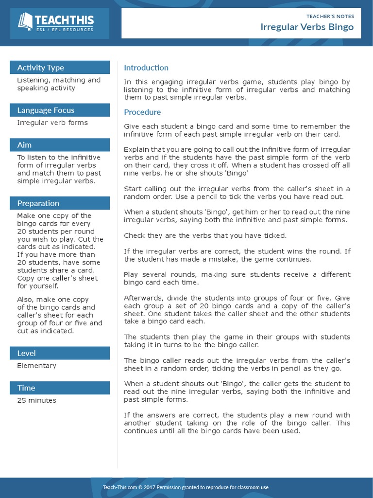 Irregular Verbs Bingo: Activity Type | PDF | English As A Second Or ...