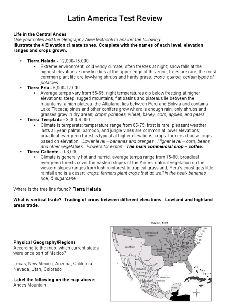 Latin America Test Review Answer Key | PDF | South America | Andes