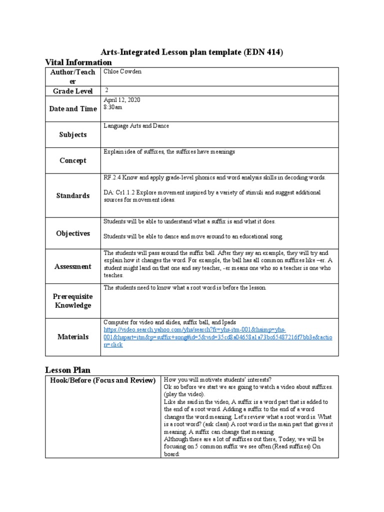 Edn 414-001 Arts-Integrated Lesson Plan Template 2020 | PDF | Lesson Plan | Word