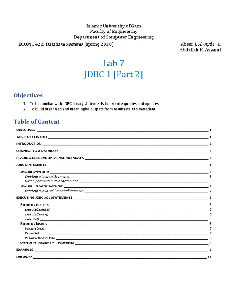 Lab 7 JDBC 1 (Part 2) : Objectives | PDF | Databases | Sql