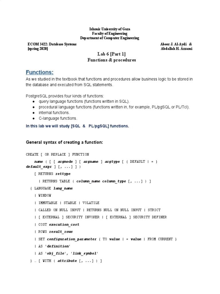 Functions:: Lab 6 (Part 1) Functions & Procedures | PDF | Parameter ...