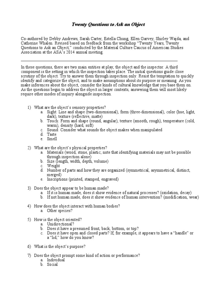 20 Questions for Object Analysis | PDF | Value (Ethics) | Cognition