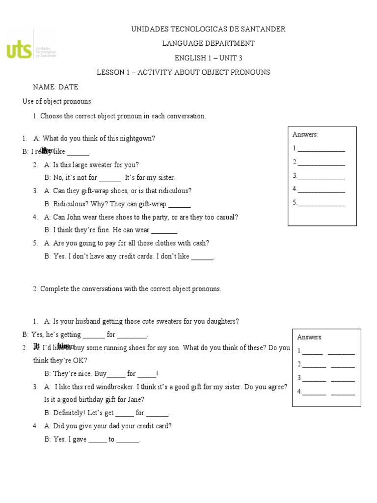 Object Pronouns Activity - Unit 3 Lesson 1 | PDF | Communication ...