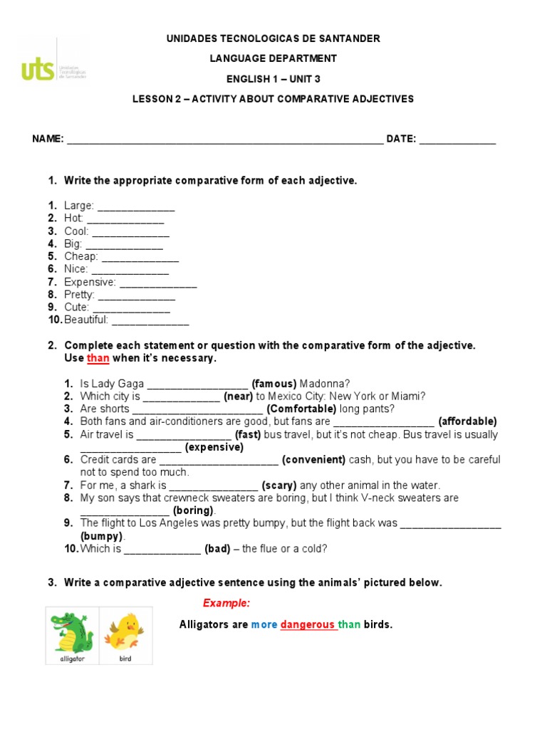 Second Activity - Unit 3 - Lesson 2 - Comparative Adjectives | PDF ...