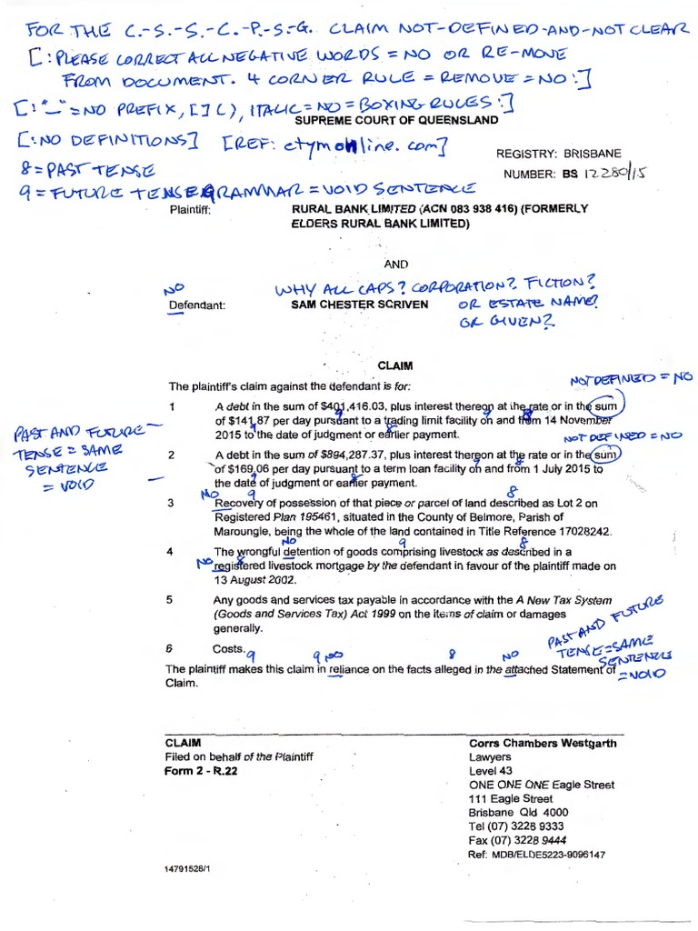 SAMPLE - Syntaxed Statement of Claim For Queensland Supreme Court | PDF