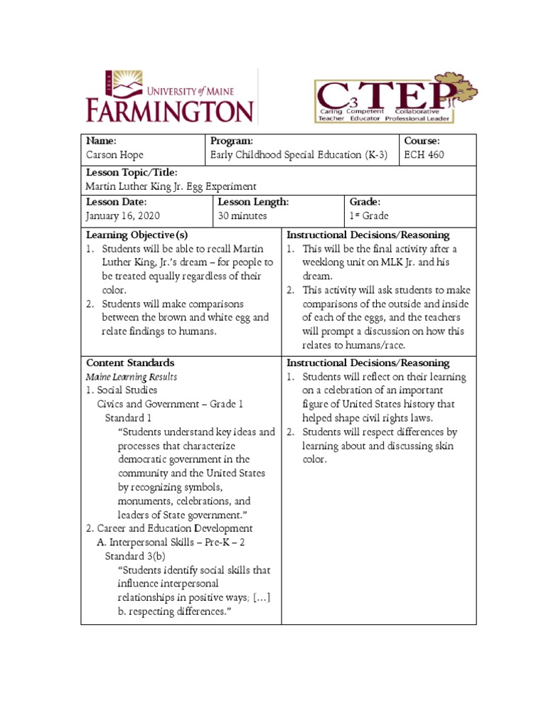 Standard 5 MLK JR Egg Experiment Lesson Plan | PDF | Martin Luther King ...