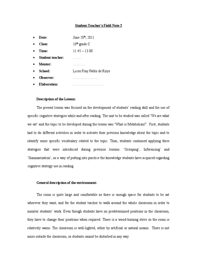 A Sample ST Fieldnote | PDF | Inference | Teachers