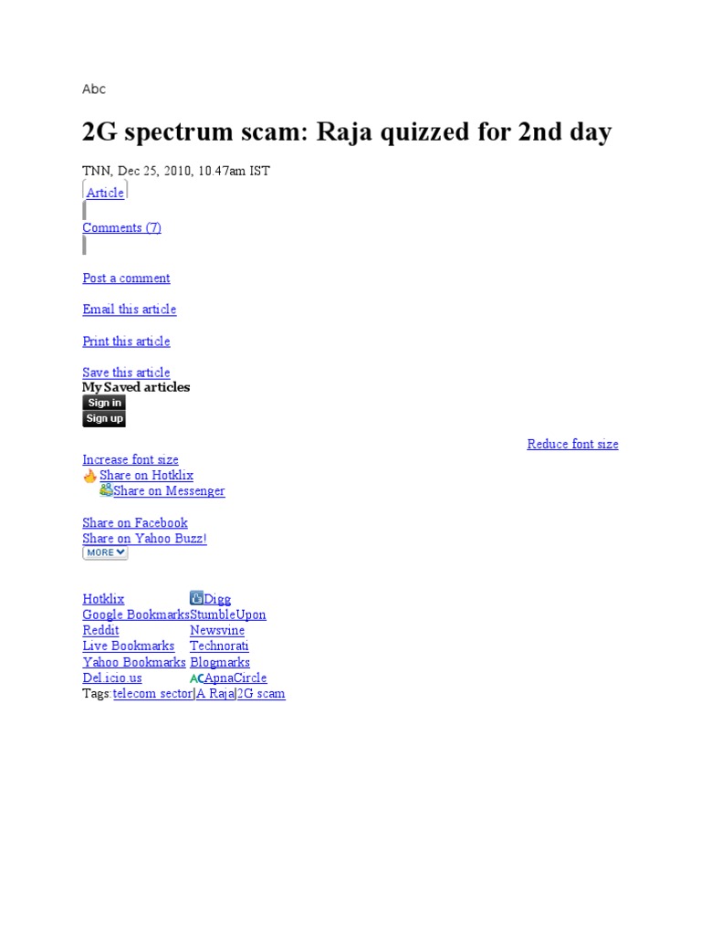 2G Spectrum Scam: Raja Quizzed For 2nd Day: TNN, Dec 25, 2010, 10.47am ...