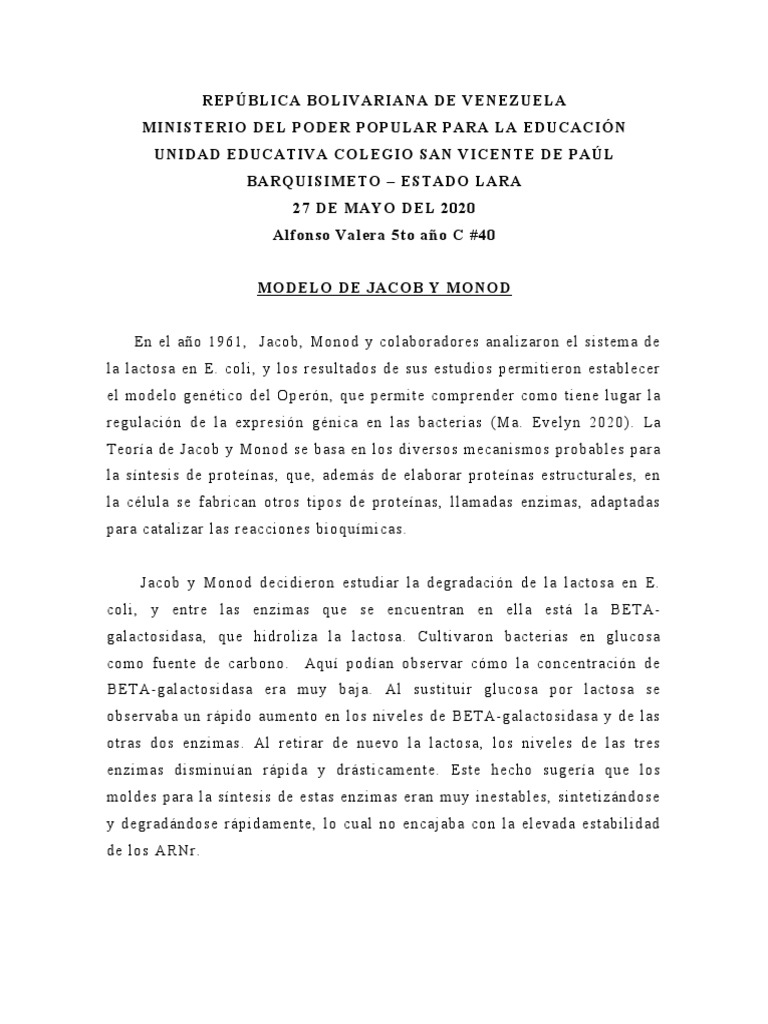 Jacob, Monod y La Teoria Del Operón | PDF | Gene | Operón