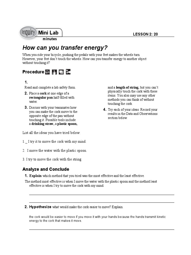 Energy Transfer Lab: Moving a Cork | PDF