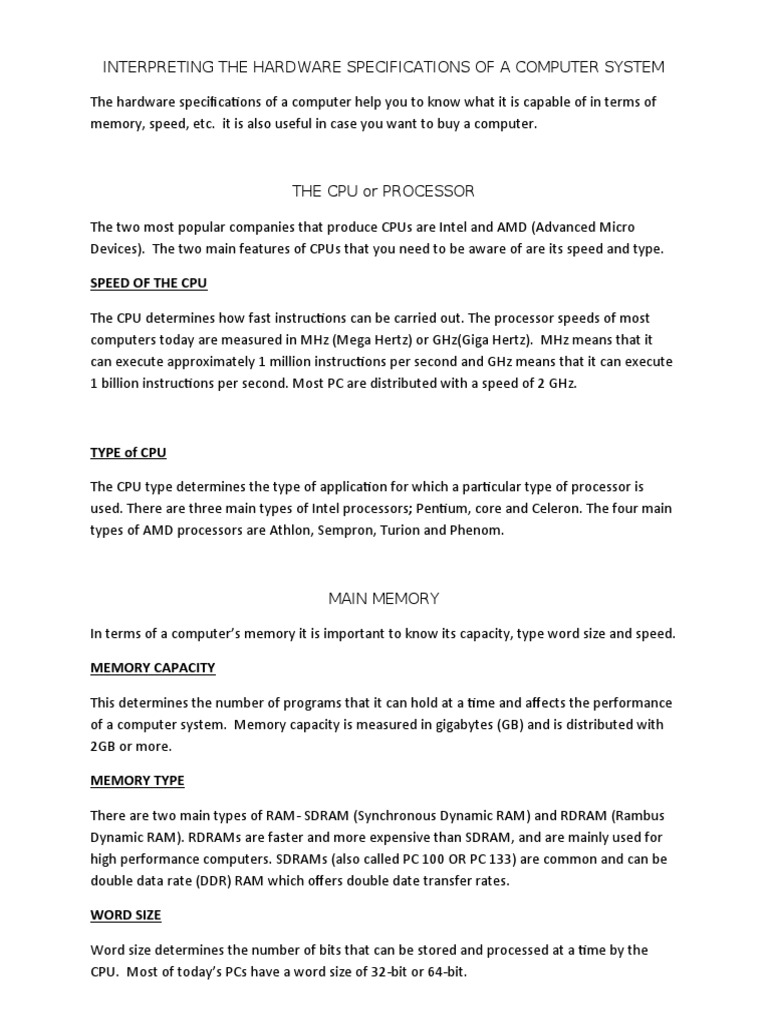 Interpreting The Hardware Specifications of A Computer System | PDF ...