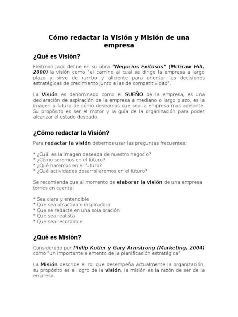 Cómo Redactar La Visión y Misión de Una Empresa | PDF | Planificación ...