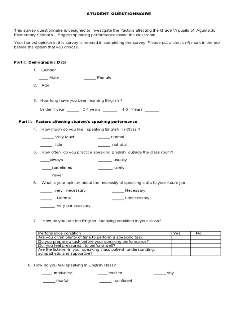 Student Questionnaire | PDF | English Language | Classroom