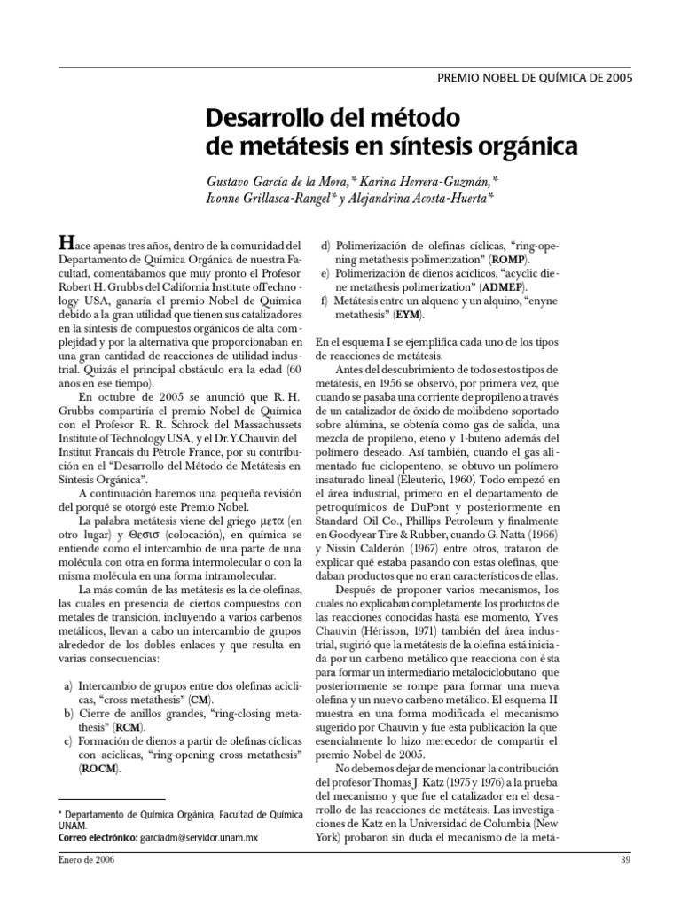 Metatesis de Grubbs | PDF | Química Orgánica | Química