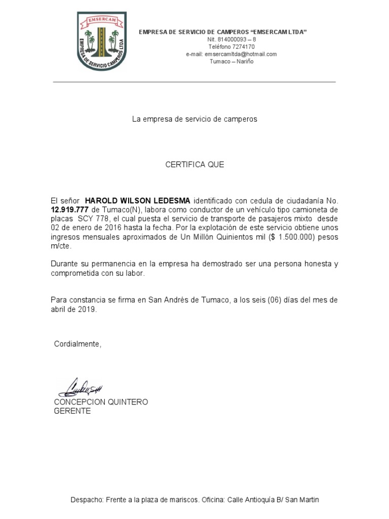 Certificación Laboral Conductor EMSERCAM | PDF