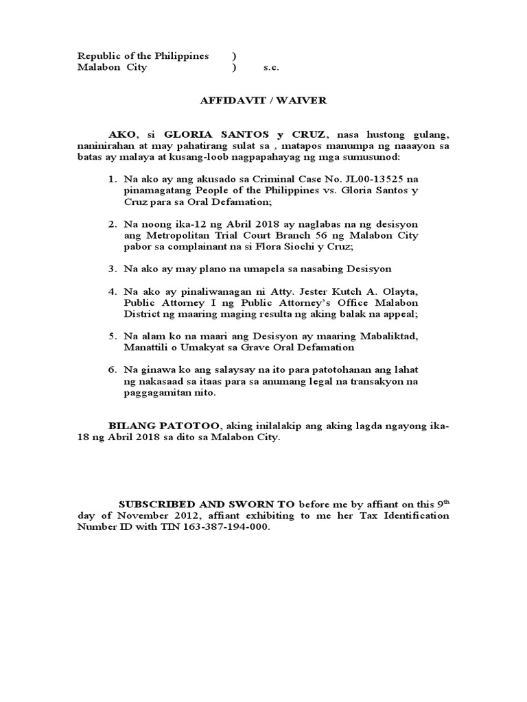 AFFIDAVIT - WAIVER-matias | PDF