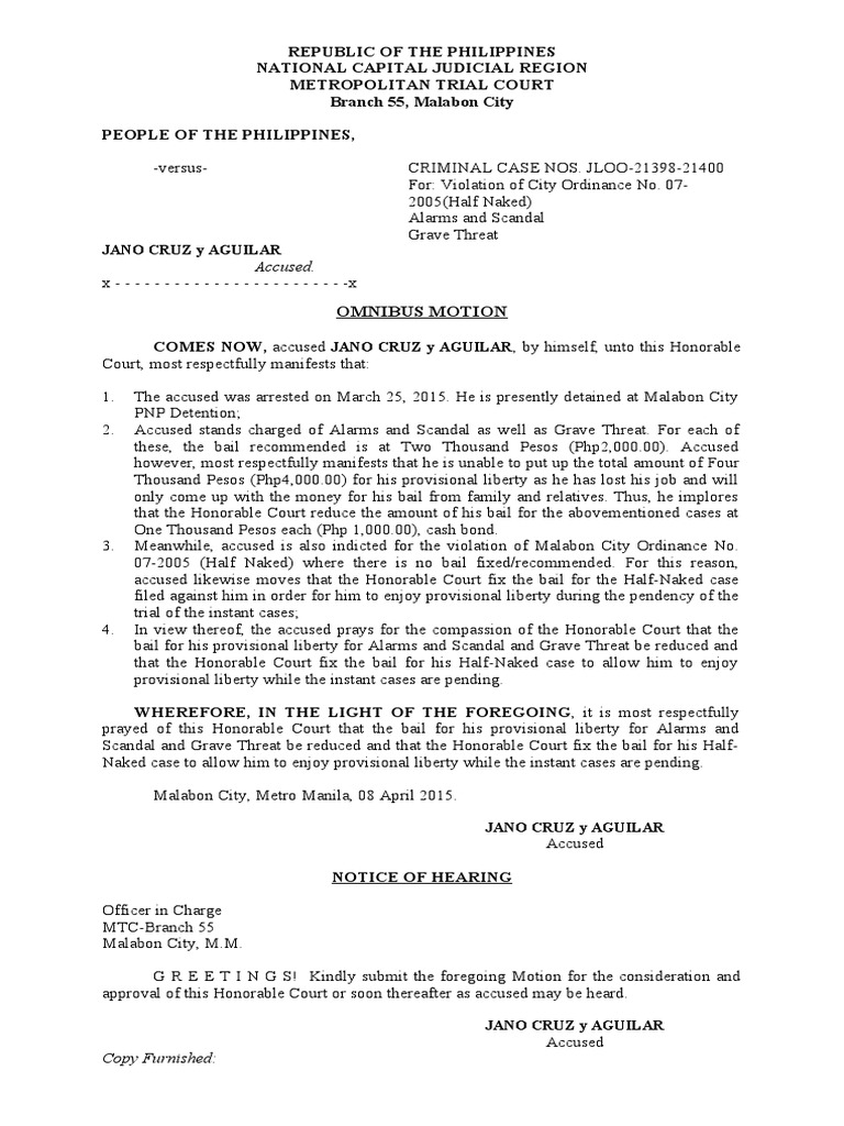 Omnibus Motion Jano Cruz | PDF | Bail | Misconduct