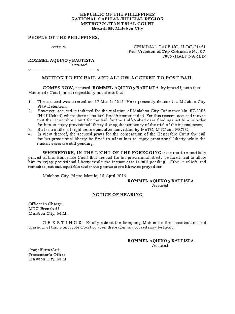 Motion to Fix Bail in Malabon Case | PDF | Bail | Public Sphere