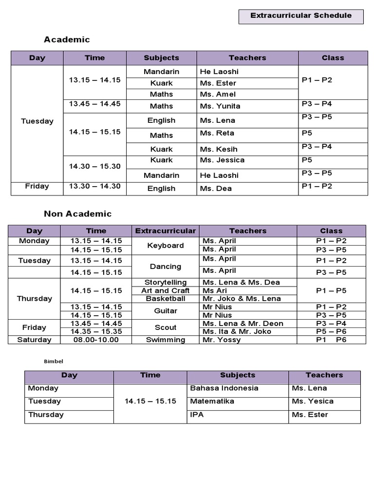 Academic: Extracurricular Schedule | PDF