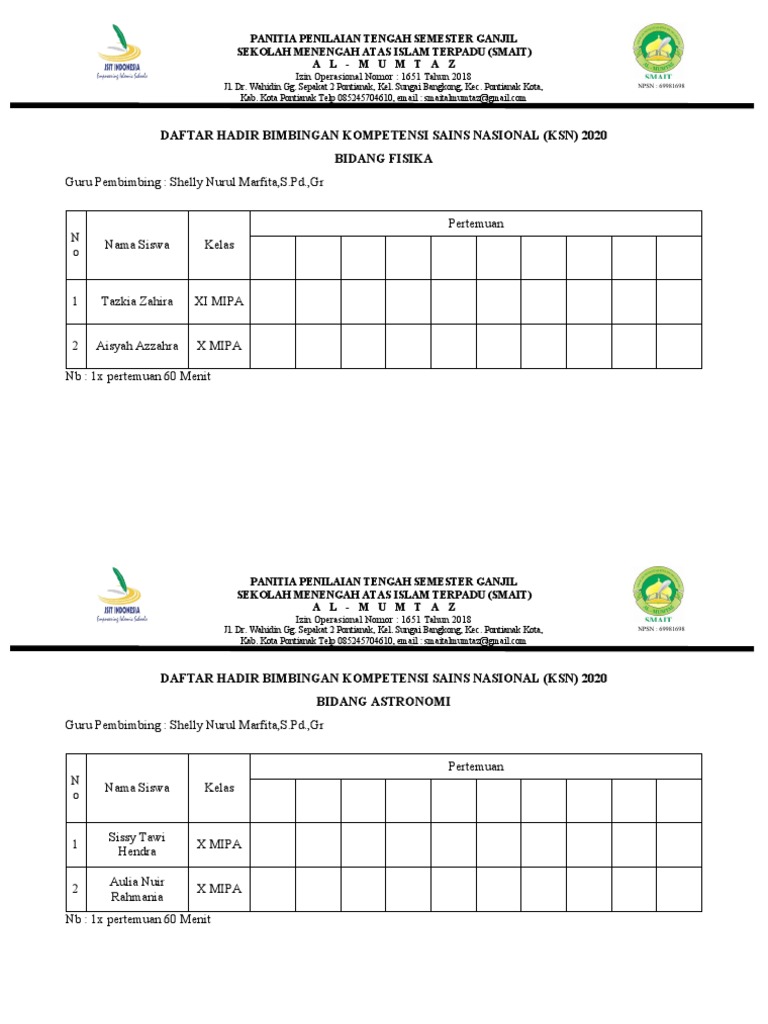 DAFTAR HADIR BIMBINGAN KSN Fisika Dan Astronomi | PDF