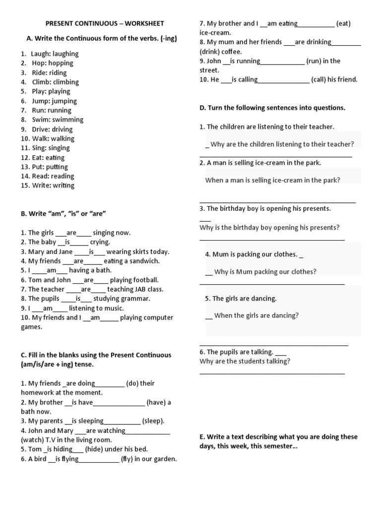 Present Continuous Tense Worksheet | PDF | Grammar | Linguistics