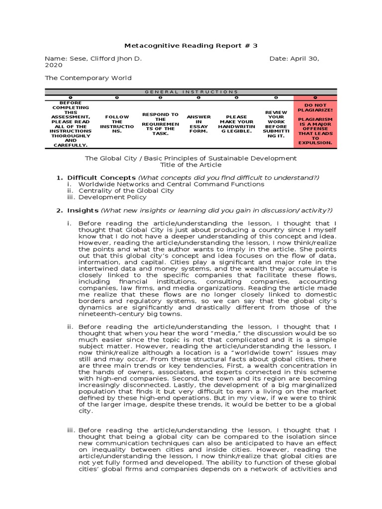 Metacognitive Reading Report # 3: General Instructions | PDF ...