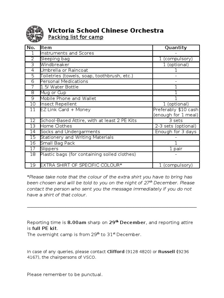 VSCO Camp Packing List and Details | PDF