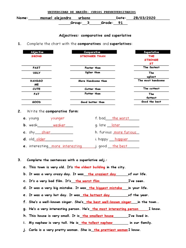 Complete The Chart With The Comparatives and Superlatives | PDF ...