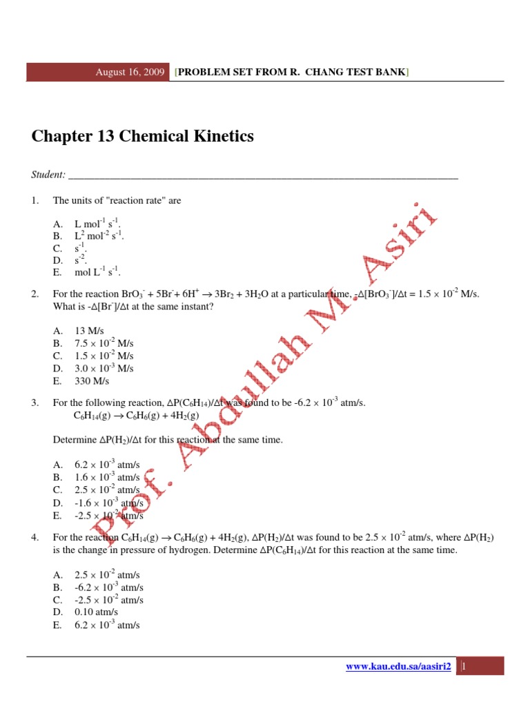 Chemical Kinetics Problem Set | PDF | Activation Energy | Catalysis