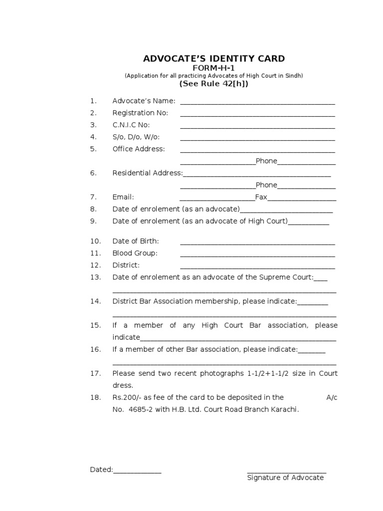 Sindh High Court Advocate ID Card Form | PDF | Advocate | Bar Association