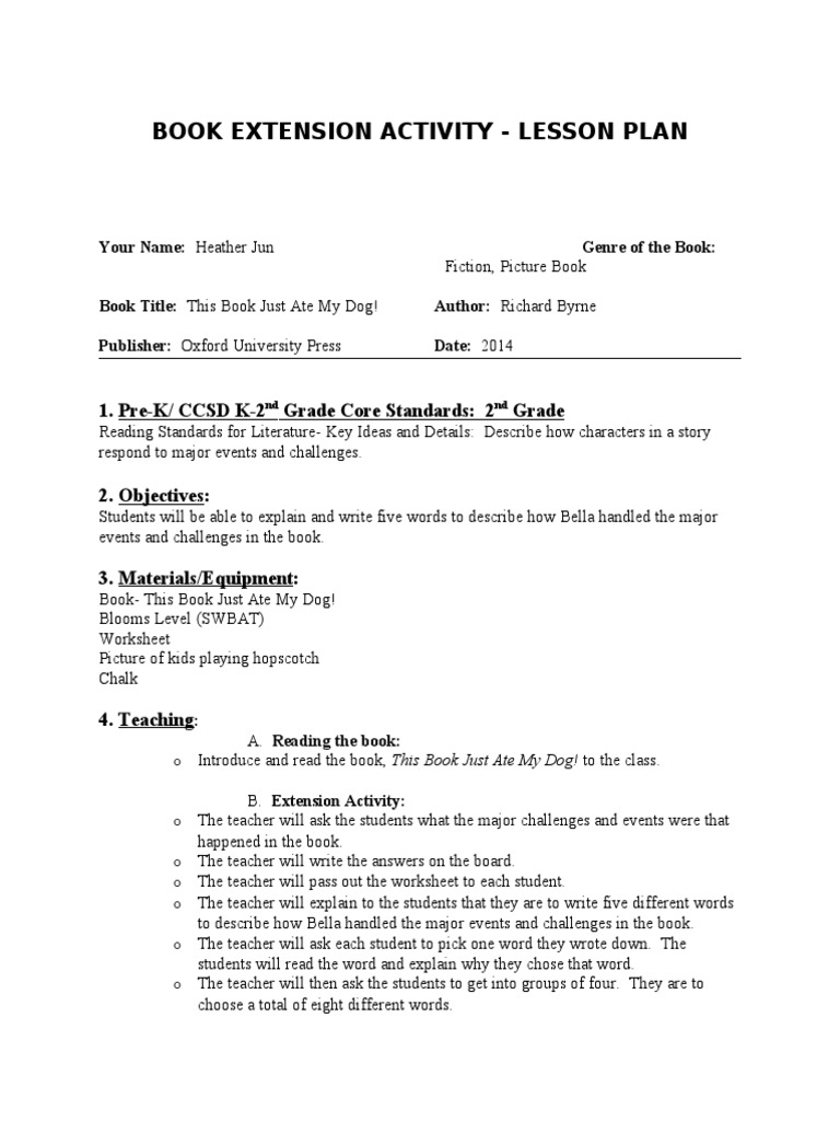 Book Extension Activity - Lesson Plan: 1. Pre-K/ CCSD K-2 Grade Core ...